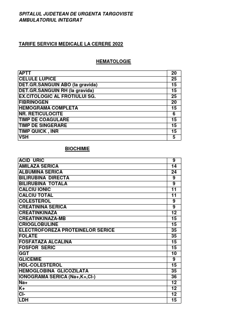 Tarife Servicii Medicale Amb 2 | PDF | Endocrine System | Anatomy