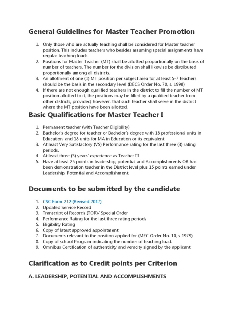 Master Teacher and Head Teacher Qualifications | PDF | Teachers ...