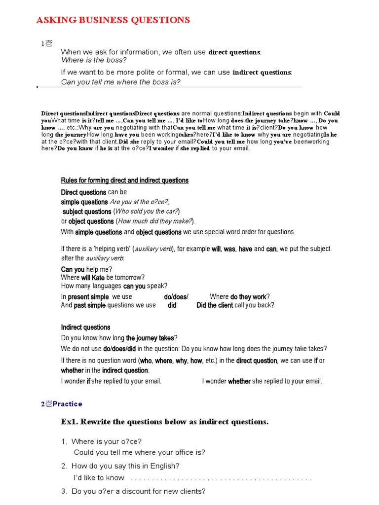 Direct Indirect Questions Student | PDF | Question | Verb