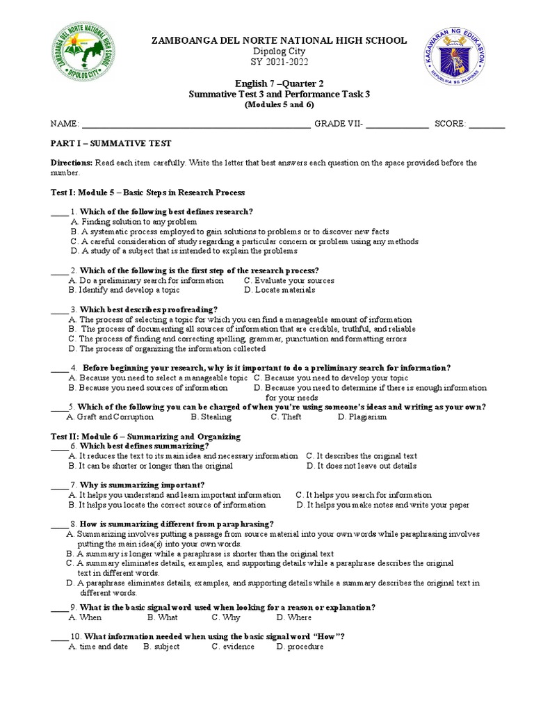 Quarter 2 - Summative Test 3 Performance Task 3 - English 7 1 | PDF ...