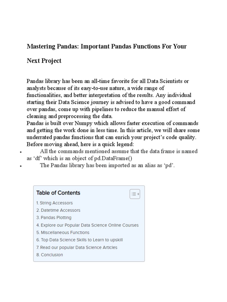 Mastering Pandas - Important Pandas Functions For Your Next Project | PDF | Data Type | Function ...