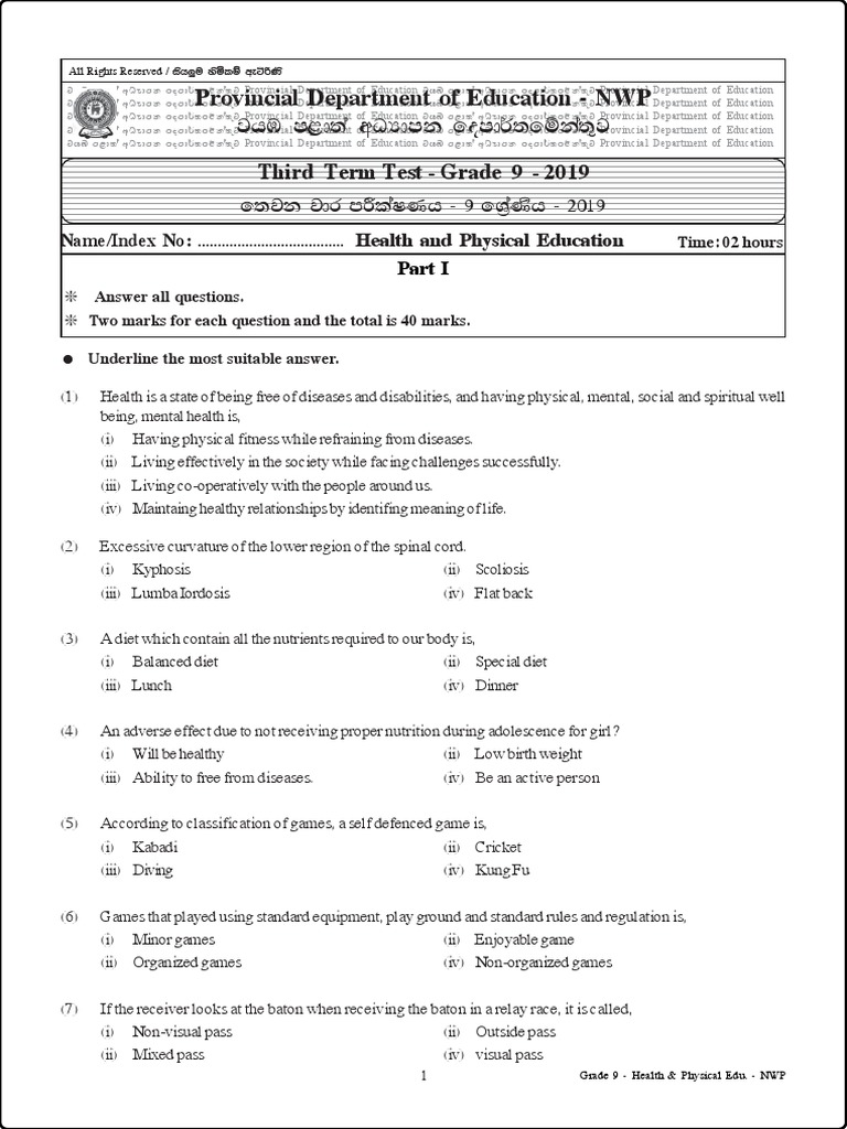 Grade 09 Health 3rd Term Test Paper 2019 English Medium - North Western ...
