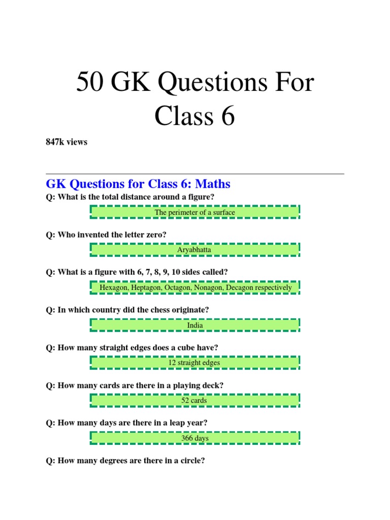 50 GK Questions For Class 6, 7, 8 | PDF | Planets | Circle