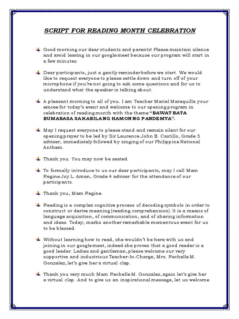 Script For Reading Month Celebration: Bum Abasa Sa Kabila NG Ham On NG Pandemya" | PDF ...