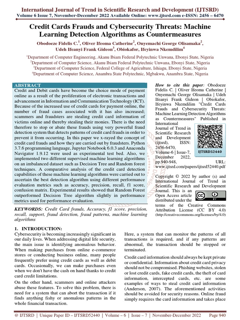 Credit Cards Frauds and Cybersecurity Threats Machine Learning Detection Algorithms As ...
