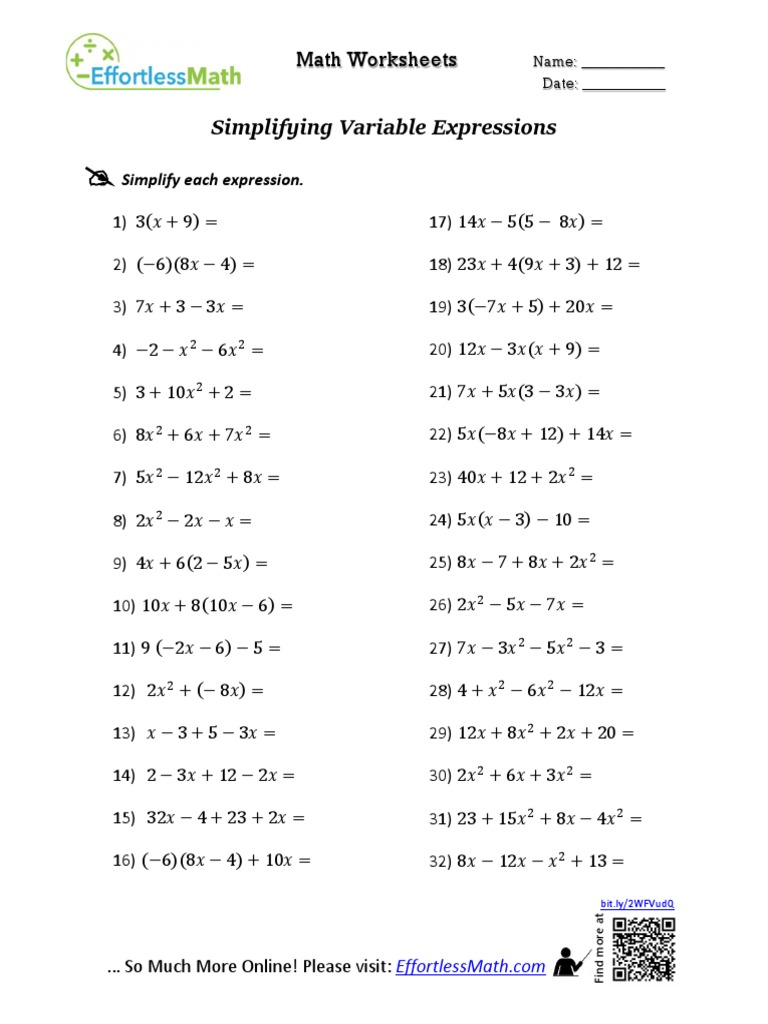 Simplifying Variable Expressions Pdf