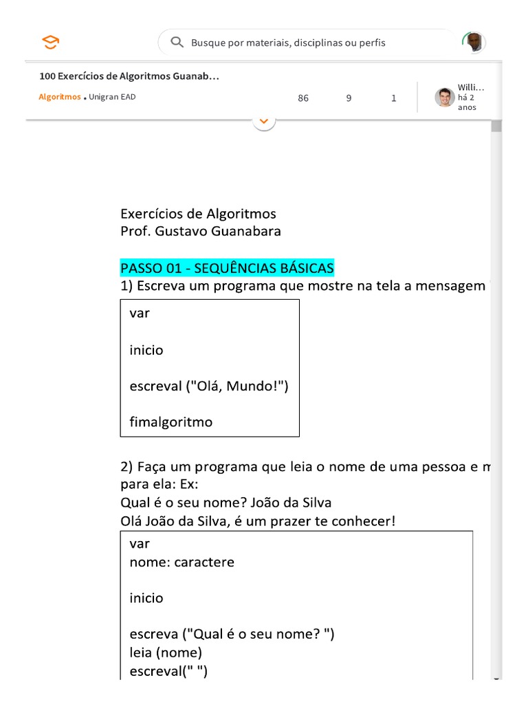 100 Exercícios de Algoritmos Resolvidos | PDF