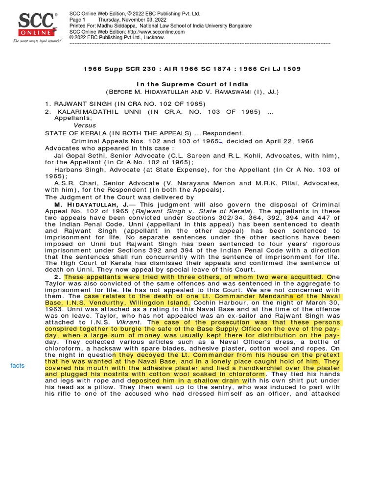 Rajwant Singh v. State of Kerala, AIR 1966 SC 1874 | PDF | Mens Rea ...