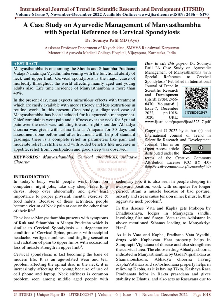 A Case Study On Ayurvedic Management of Manyasthambha With Special Reference To Cervical ...