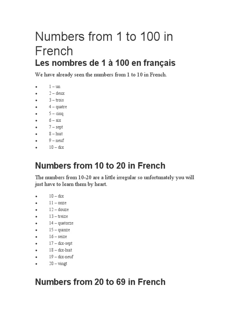 Numbers From 1 To 100 in French | PDF