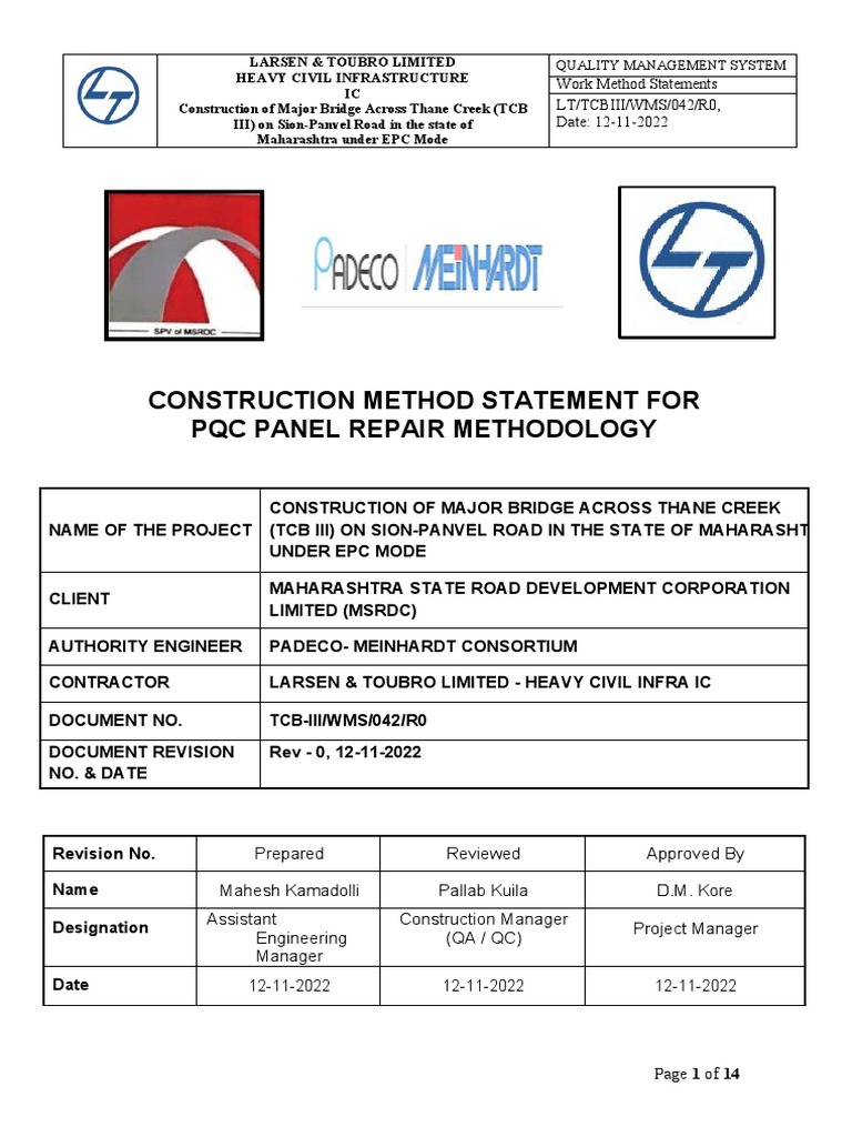 PQC Panel Repair Methodology | PDF | Concrete | Safety