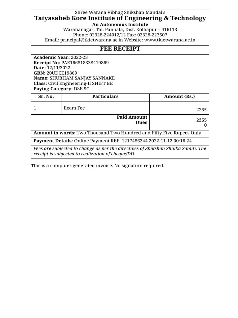 TKIE&T Fee Receipt 2022-23 | PDF