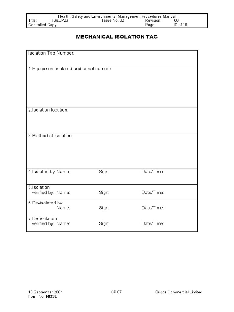 F023E Mechanical Isolation Tag | PDF