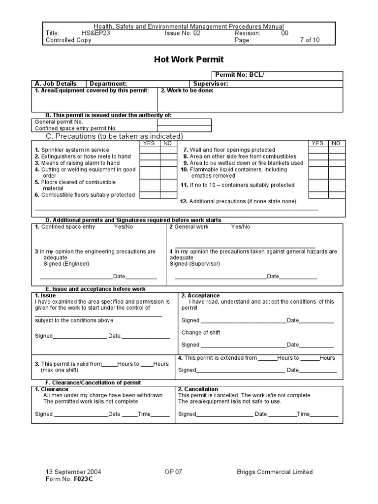 F023C Hot Work Permit | PDF | Workplace | Working Conditions