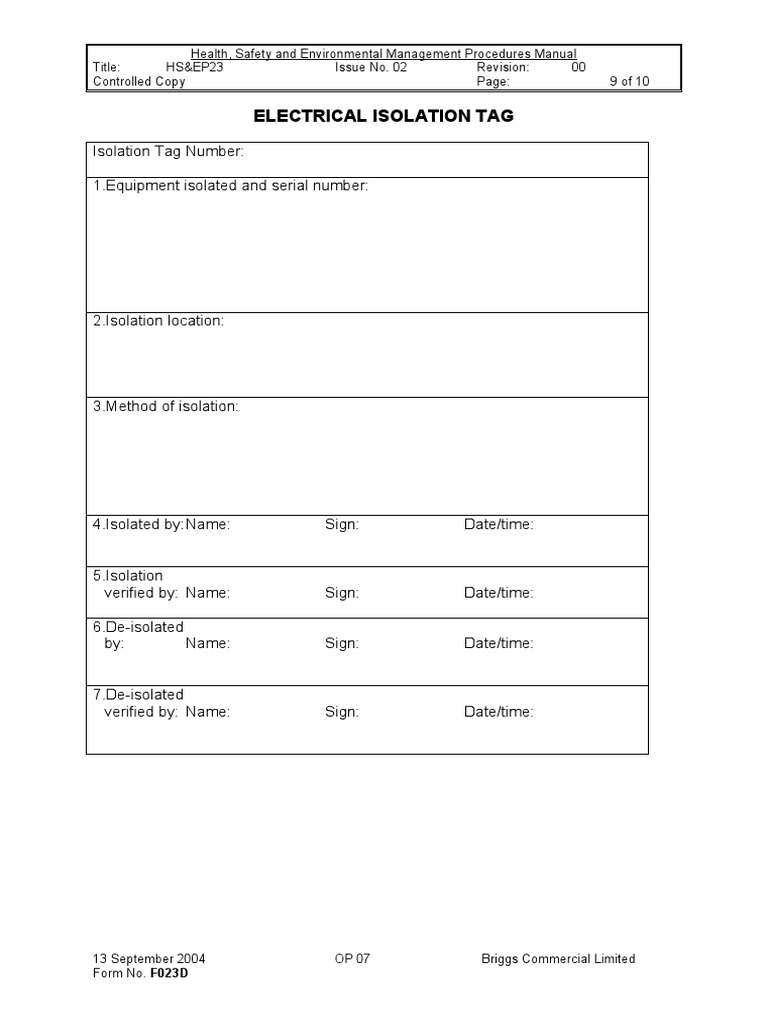 Electrical Isolation Tag Procedure | PDF | Law