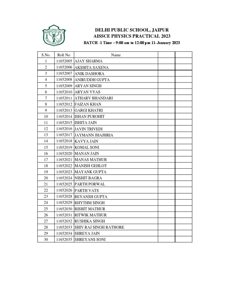 DPS Jaipur Physics Practical Batches | PDF