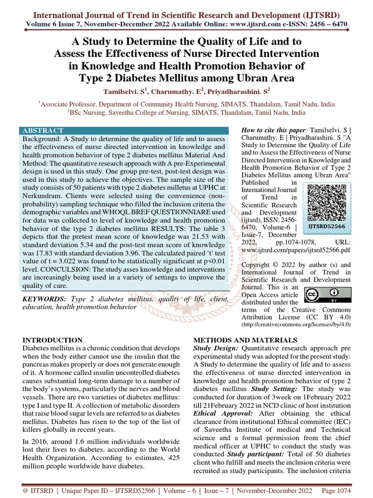 A Study To Determine The Quality of Life and To Assess The ...