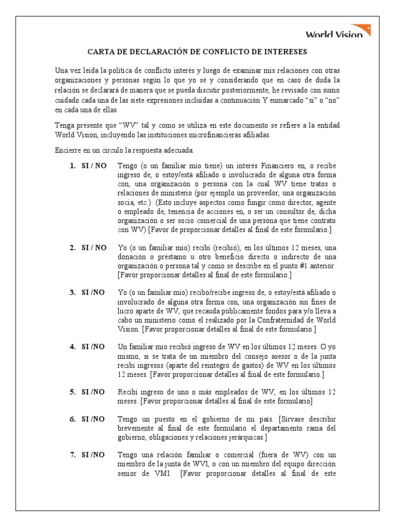 Anexo - Politica Conflicto de Intereses - Carta de Declaración | PDF