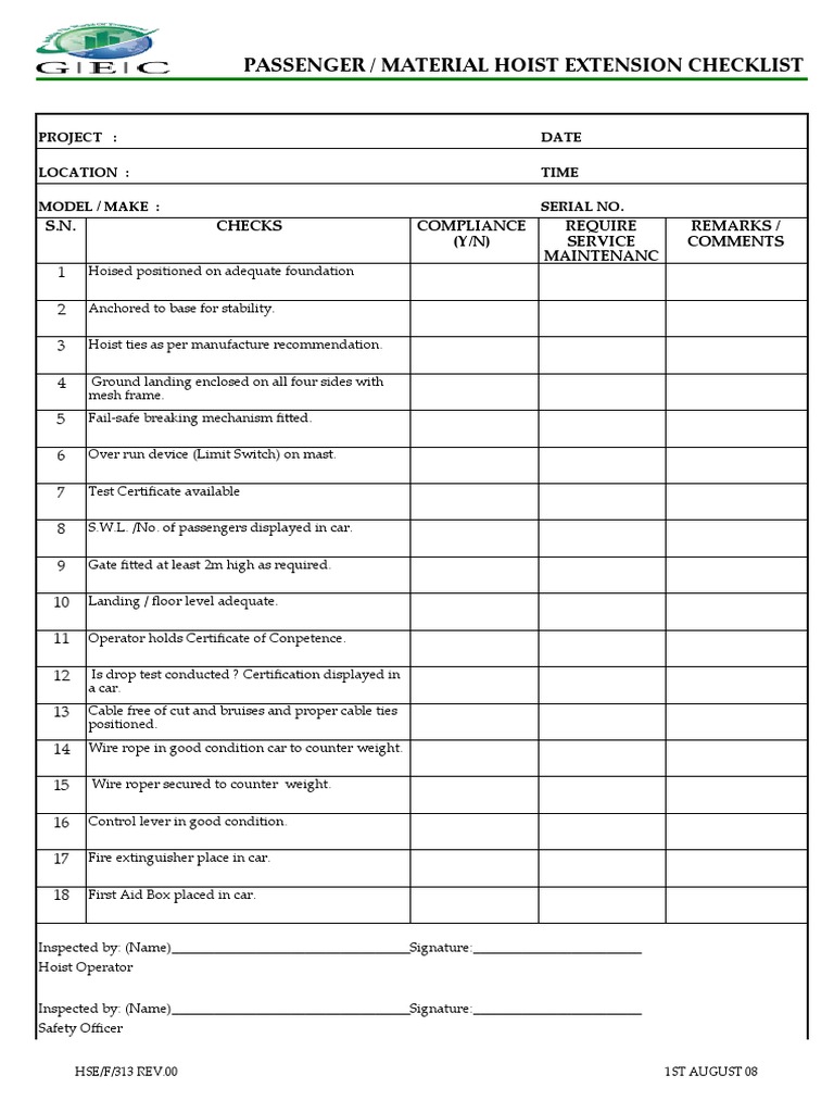 Hoist Safety Inspection Checklist | PDF