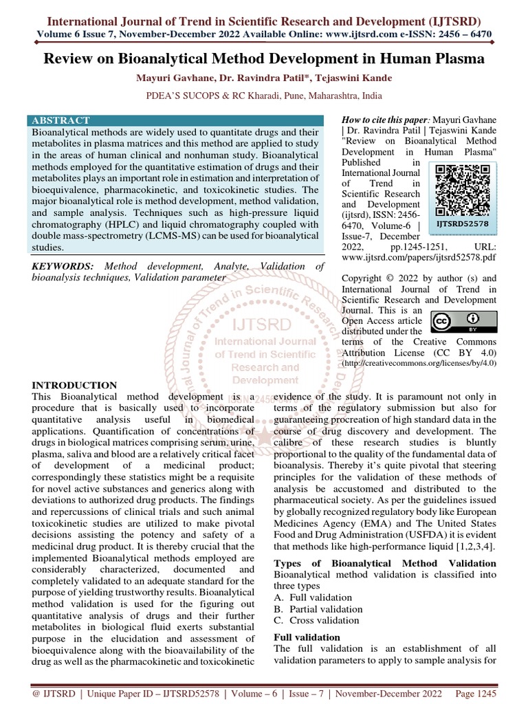 Review On Bioanalytical Method Development In Human Plasma Pdf Detection Limit Accuracy