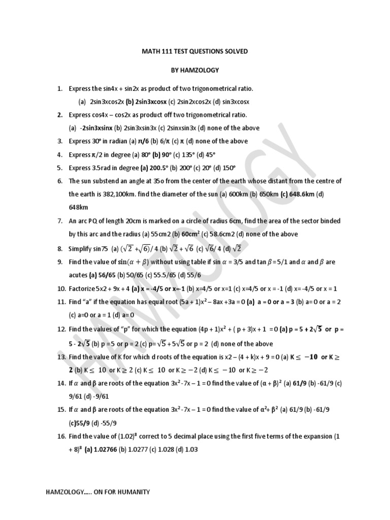 Math 111 Test Questions Solved | PDF | Mathematics | Mathematical Concepts