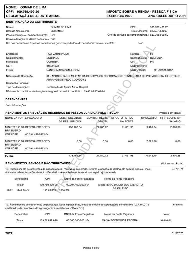 IRPF 2022 2021 Origi Imagem Declaracao | PDF | Impostos | Imposto de Renda