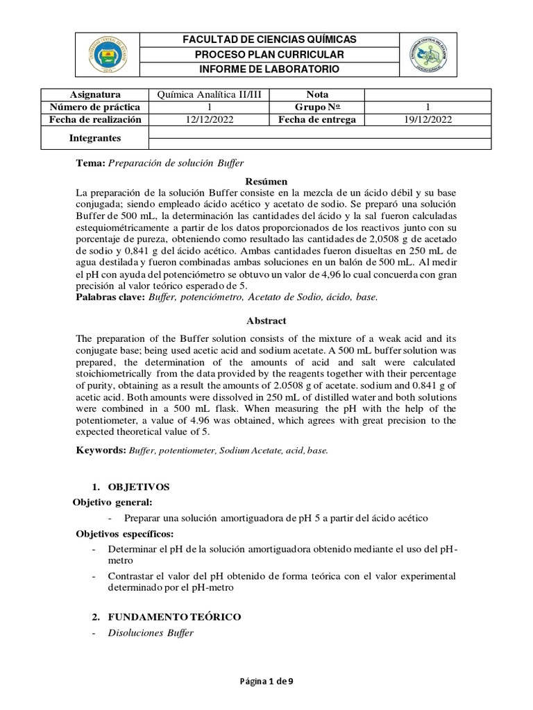 Informe 00 - G2-Solución Buffer | PDF | Ph | Solución tampón