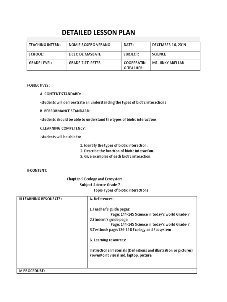 Lesson Plan on Types of Biotic Interactions: A Detailed Guide for ...