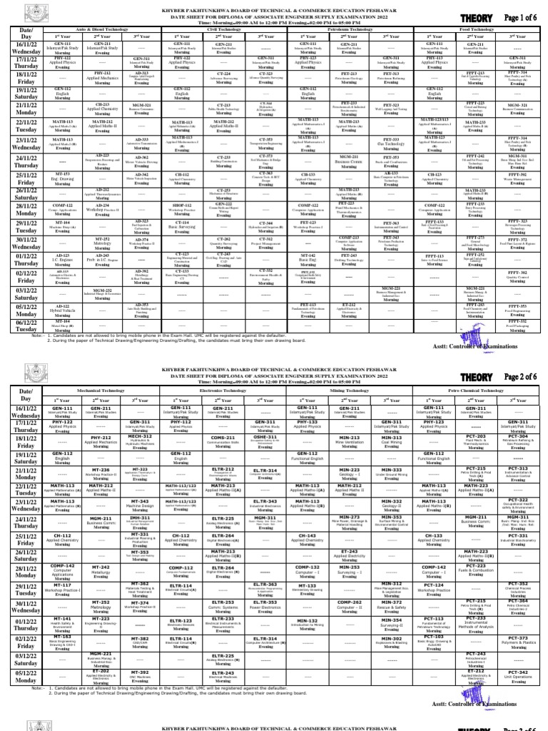 DAE Exam Schedule 2022 KPK Board | PDF | Engineering | Engines