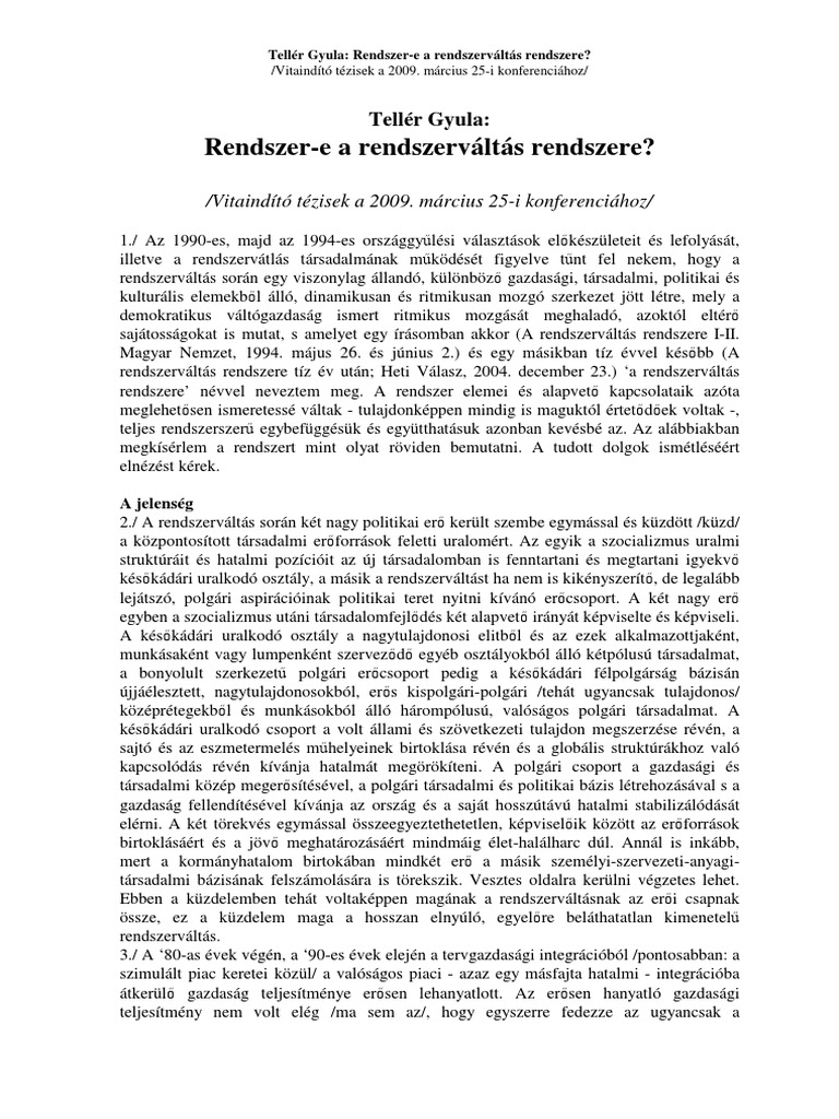 Tellér Gyula: Rendszer-E A Rendszerváltás Rendszere? | PDF