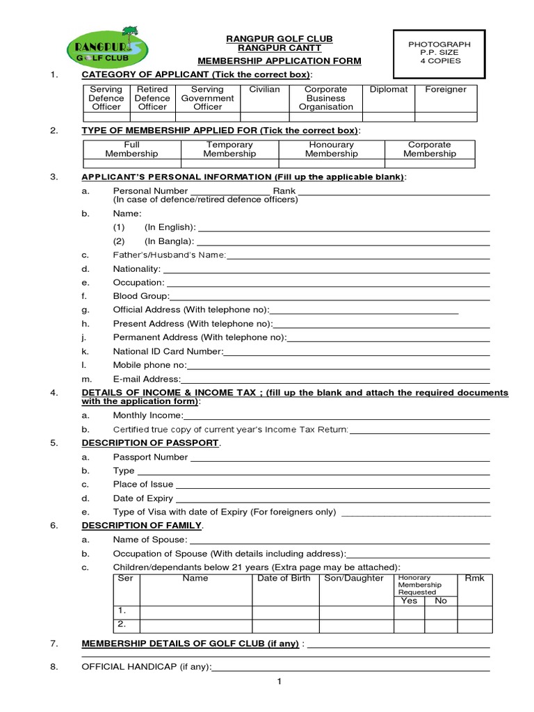Rangpur Golf Club Membership Application | PDF | Passport | Identity ...
