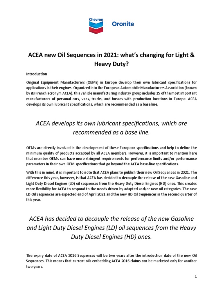 2021.04 - Chevron Oronite - ACEA New Oil Sequences in 2021 (Final) | PDF | Motor Oil | Diesel Engine