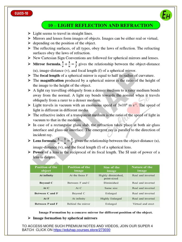 10 - Light Reflection and Refraction | PDF | Mirror | Glass Applications