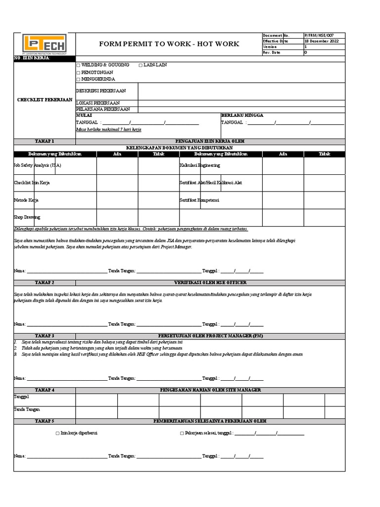 Contoh Izin Kerja Hot Work | PDF