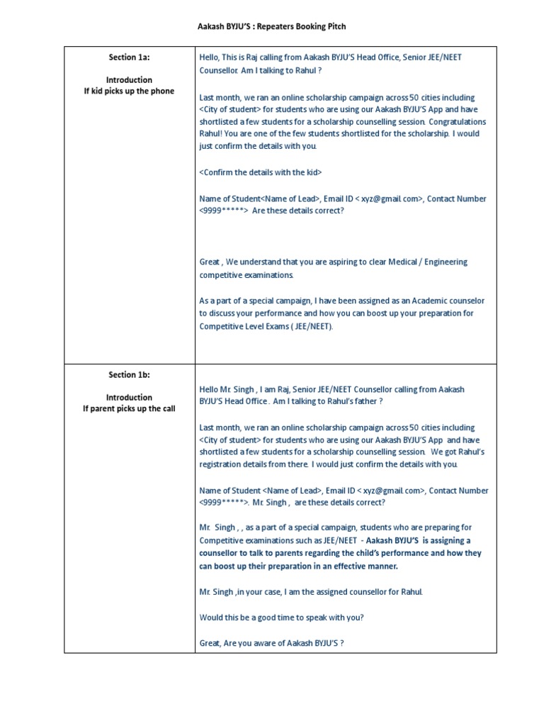 Aakash BYJU's - Repeater's Booking Pitch | PDF