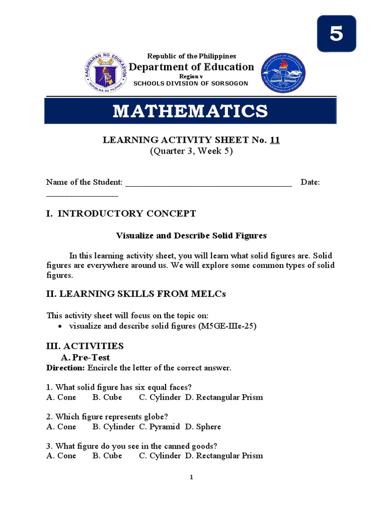 LAS in Math 5 Q3 Wk. 5a | PDF | Rectangle | Sphere