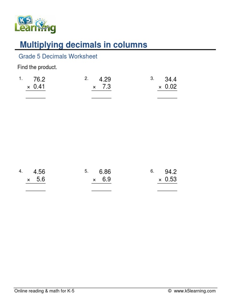 Grade 5 Multiplying Decimals Columns Adv A | PDF