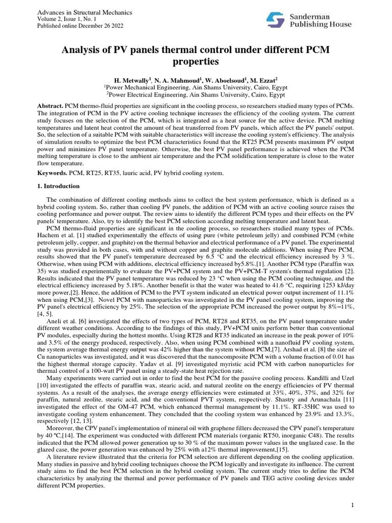Analysis of PV Panels Thermal Control Under Different PCM Properties ...