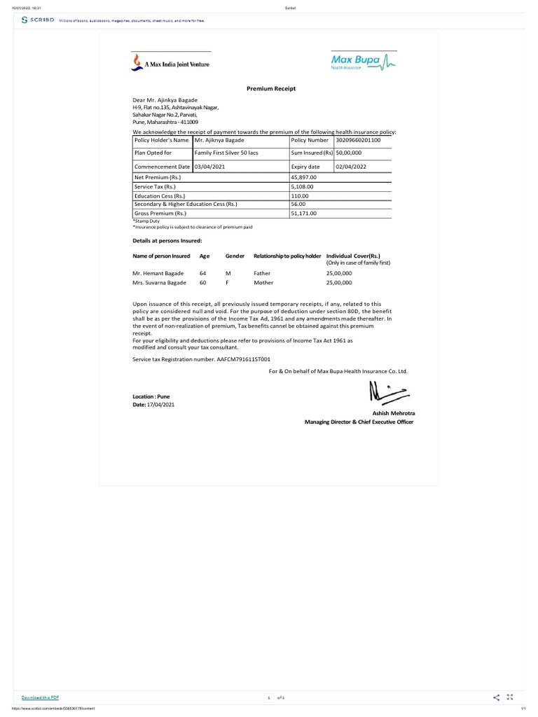 ITR Receipt For Premium | PDF | Insurance | Taxes