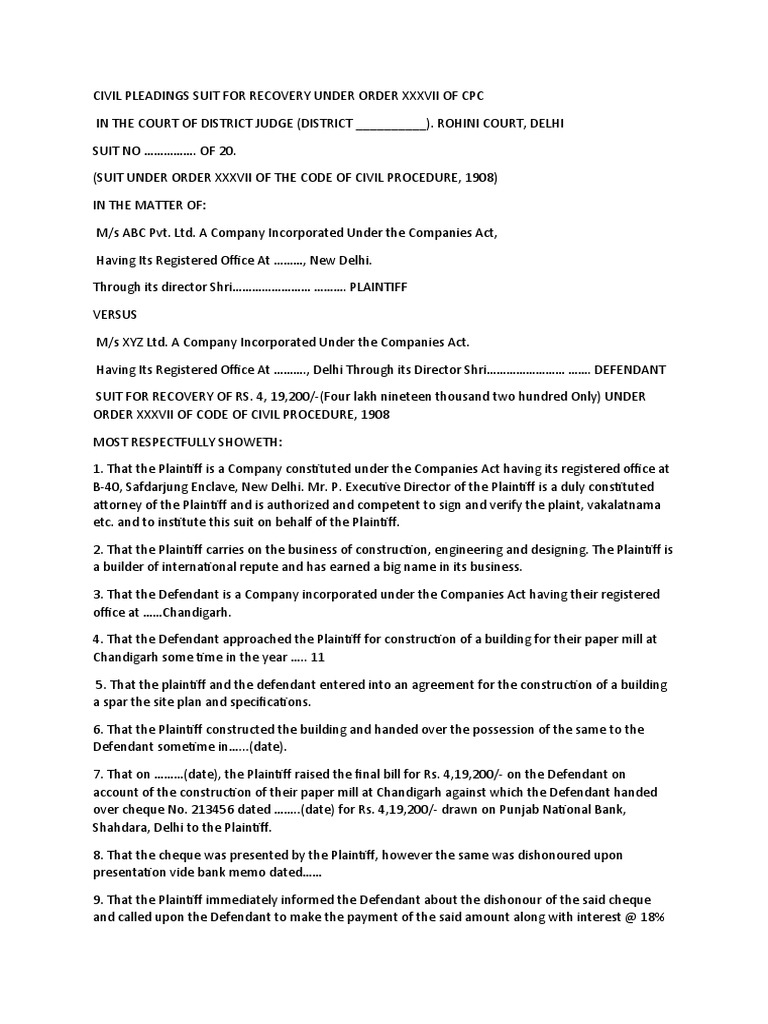 CIVIL PLEADINGS SUIT FOR RECOVERY UNDER ORDER XXXVII OF CPC | PDF ...