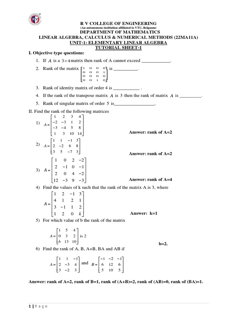Tut Sheets - Unit-1 - 21MA11A | PDF | Eigenvalues And Eigenvectors | Matrix (Mathematics)