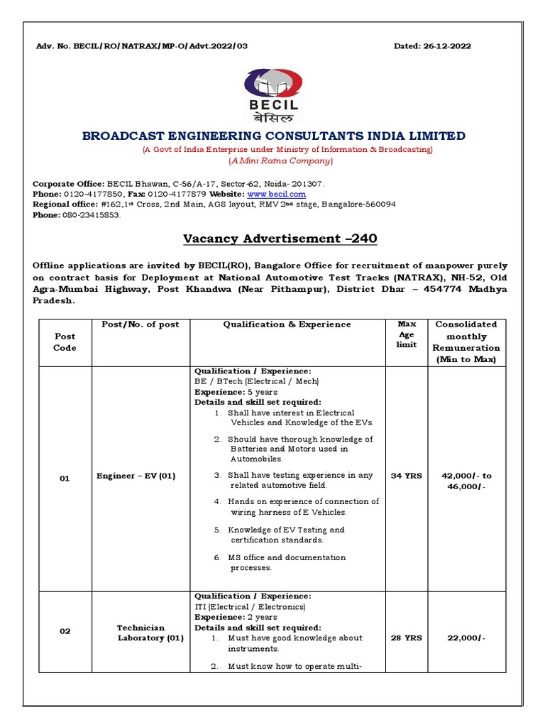 BECIL Contract Jobs at NATRAX | PDF | Vehicles | Electric Vehicle