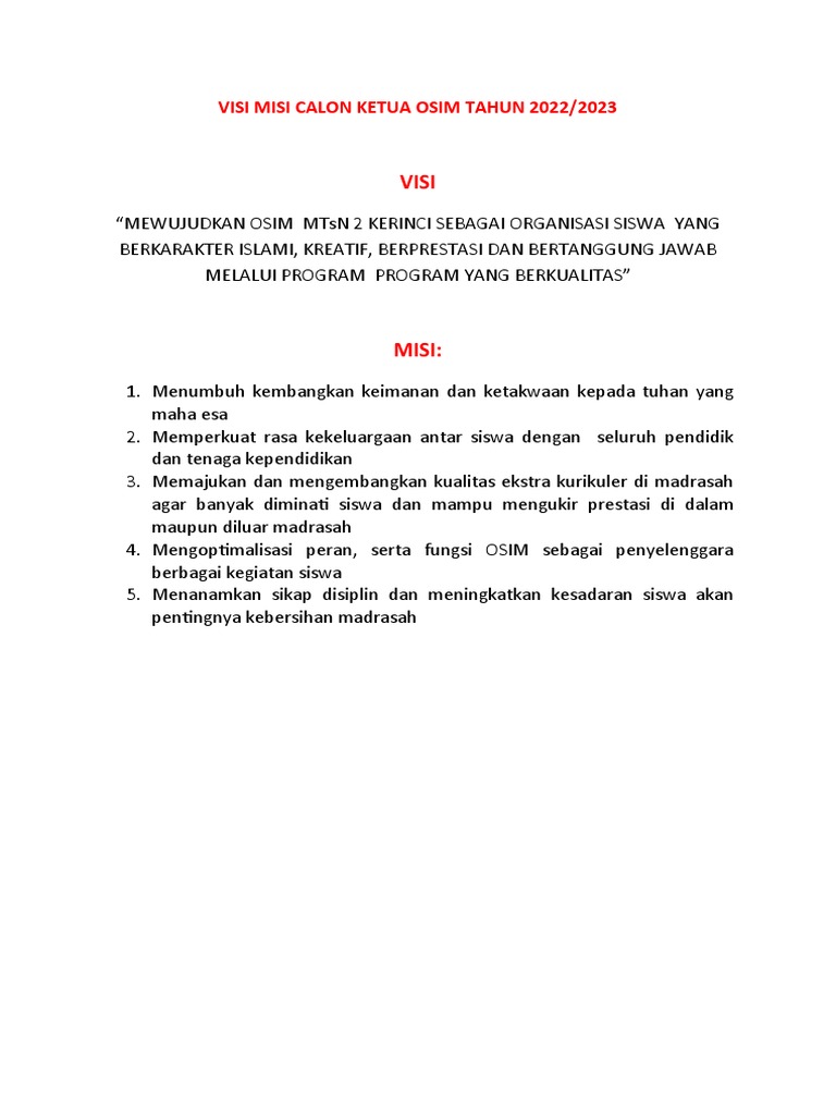 Visi Misi Calon Ketua OSIM 2022/2023 | PDF
