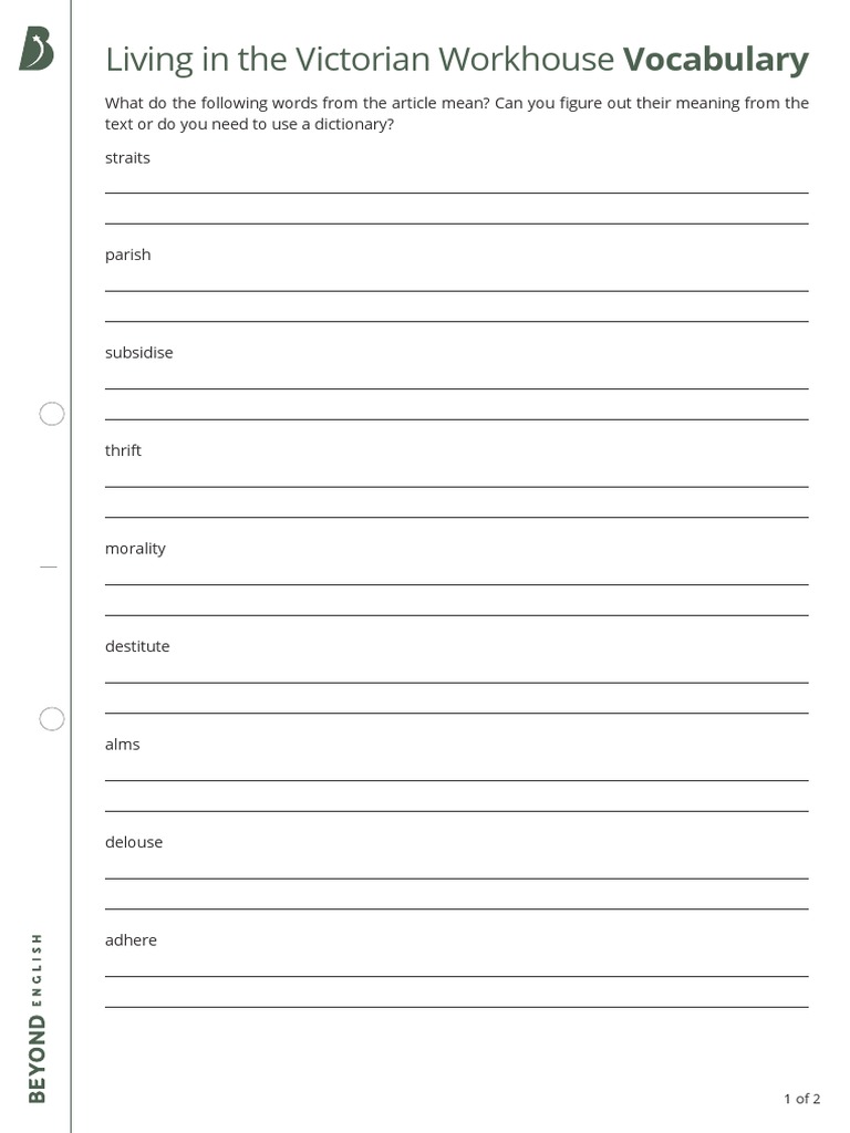Living in A Victorian Workhouse Vocabulary Sheet 1 | PDF
