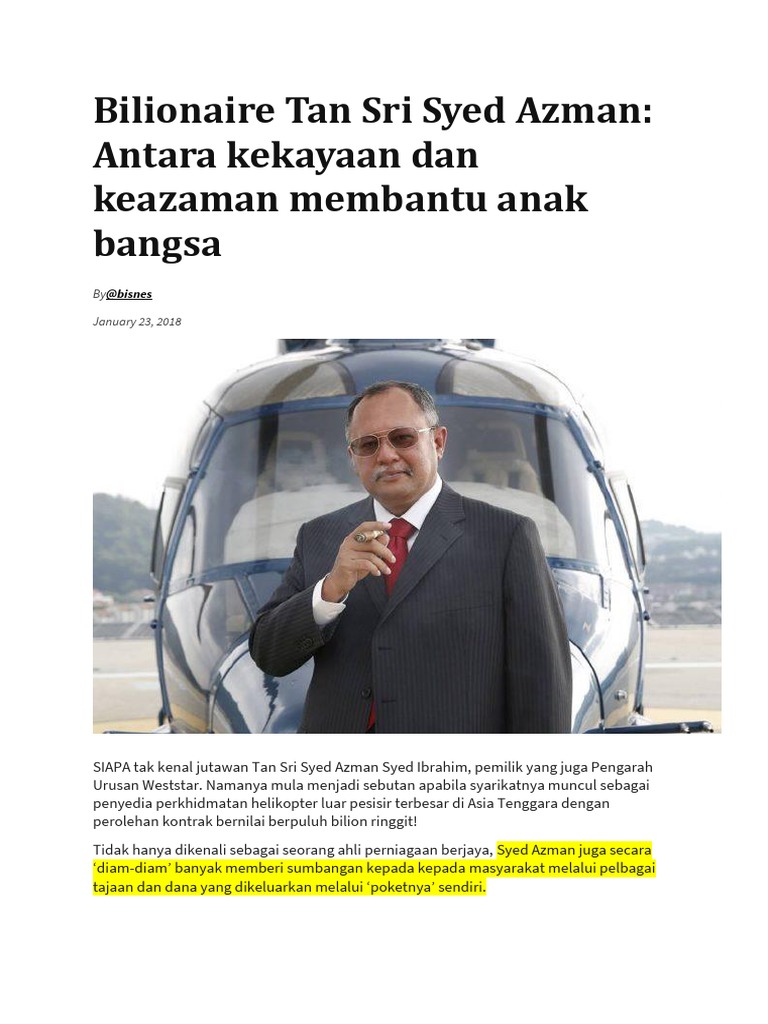 Bilionaire Tan Sri Syed Azman 1 | PDF