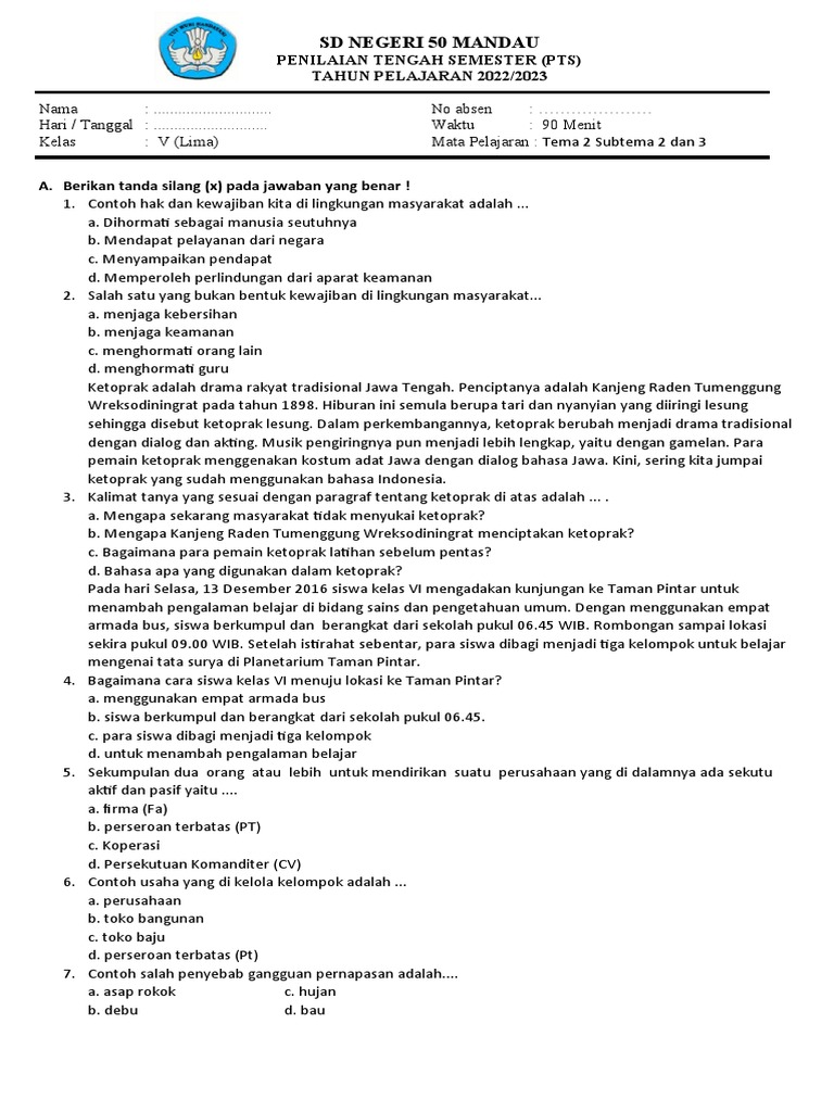 Soal Pts Kelas 5 Tema 2 | PDF