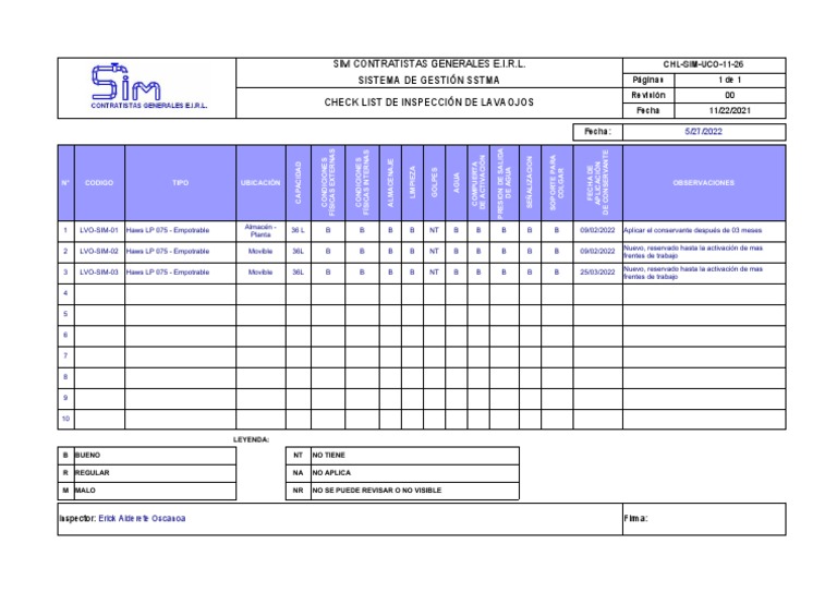 Check List de Inspeccion de Lavaojos 05-2022 | PDF | Informática Check List de Inspeccion de Lavaojos 05-2022 | PDF | Informática