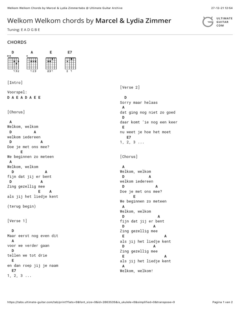Welkom Welkom Chords by Marcel & Lydia Zimmertabs at Ultimate Guitar ...