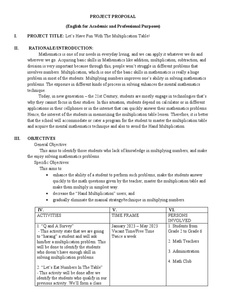 PROJECT PROPOSAL in EAPP | Download Free PDF | Multiplication | Mathematics