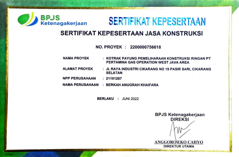 Sertifikat BPJS Jasa Konstruksi Ringan | PDF